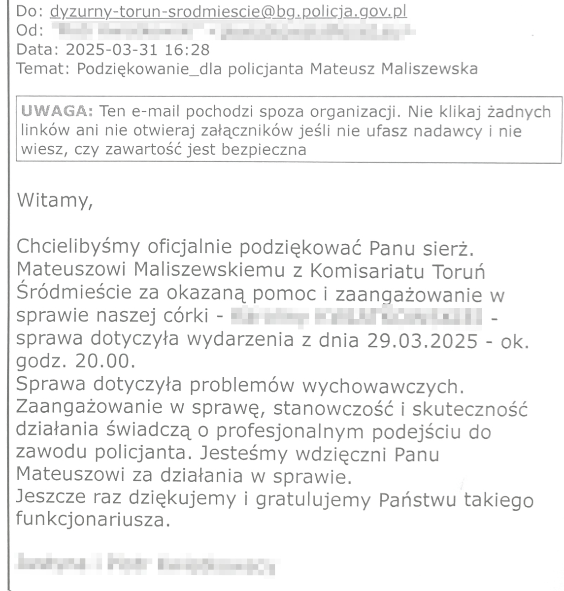 Podziękowania dla policjanta z komisariatu na toruńskim Śródmieściu - Wiadomości - KMP w Toruniu